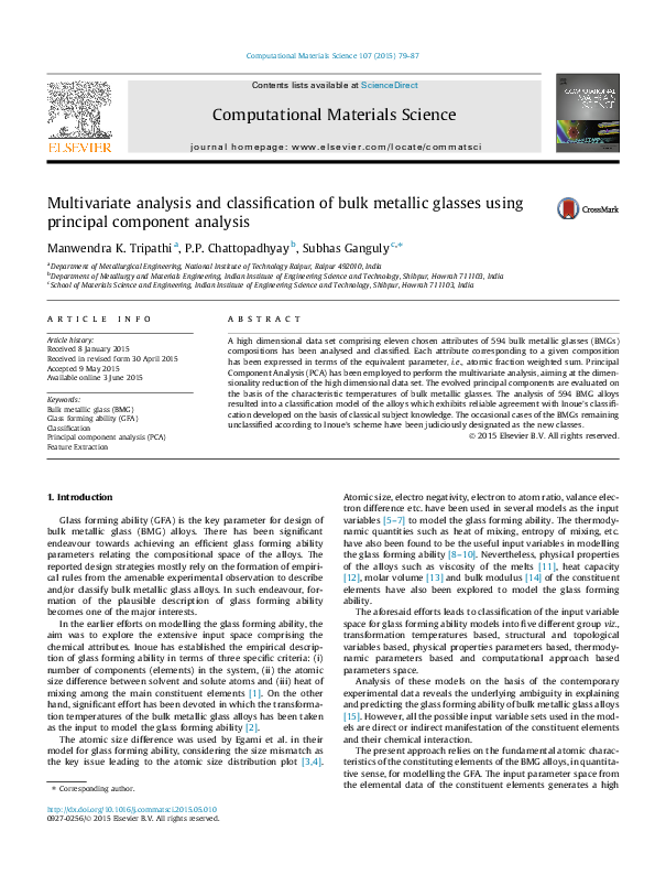 (PDF) Multivariate analysis and classification of bulk metallic glasses using principal ...