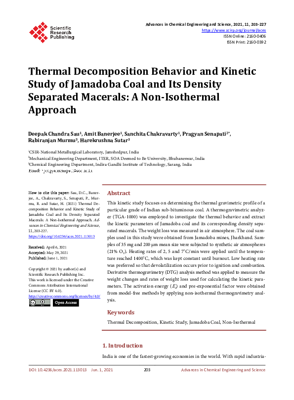 (PDF) Thermal Decomposition Behavior and Kinetic Study of Jamadoba Coal and Its Density ...