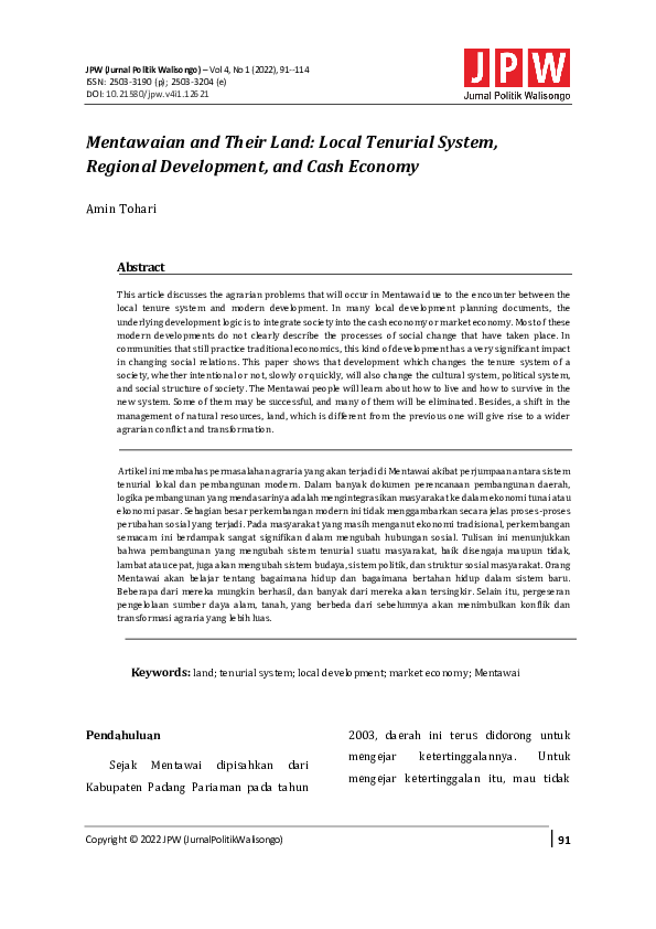(PDF) Mentawaian and their land: local tenurial system, regional ...