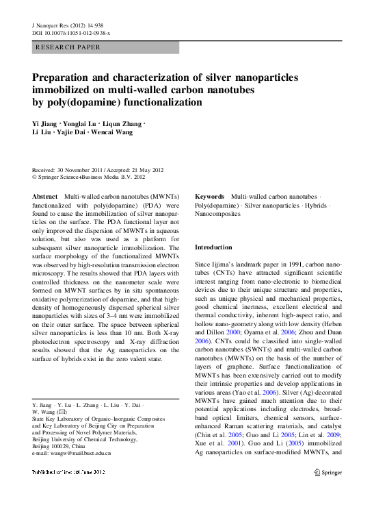 (PDF) Preparation and characterization of silver nanoparticles immobilized on multi-walled ...