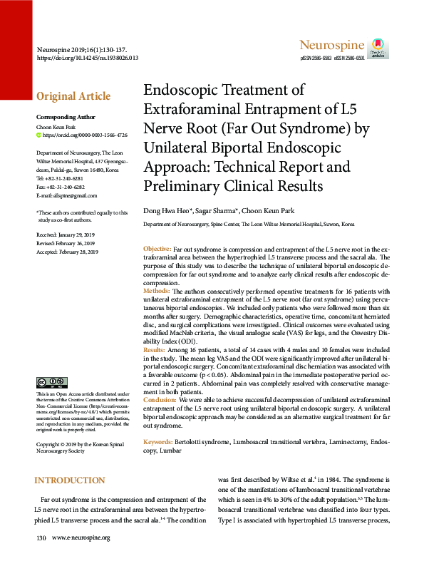(PDF) Endoscopic Treatment of Extraforaminal Entrapment of L5 Nerve ...