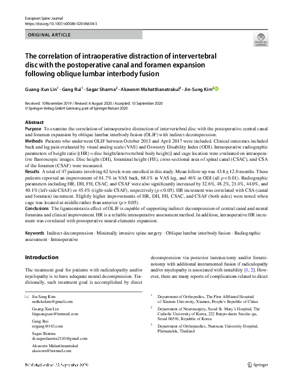 (PDF) The correlation of intraoperative distraction of intervertebral disc with the ...