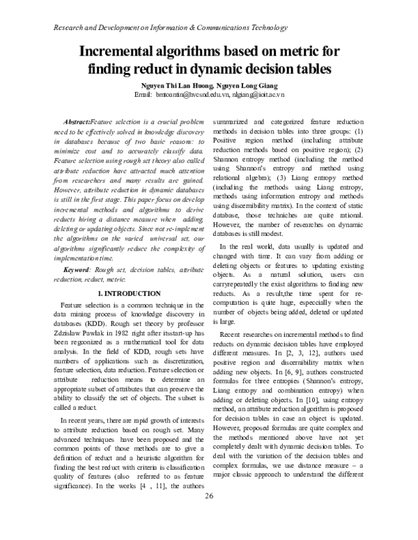(PDF) Incremental algorithms based on metric for finding reduct in dynamic decision tables