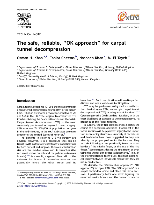 (PDF) The safe, reliable, “OK approach” for carpal tunnel decompression