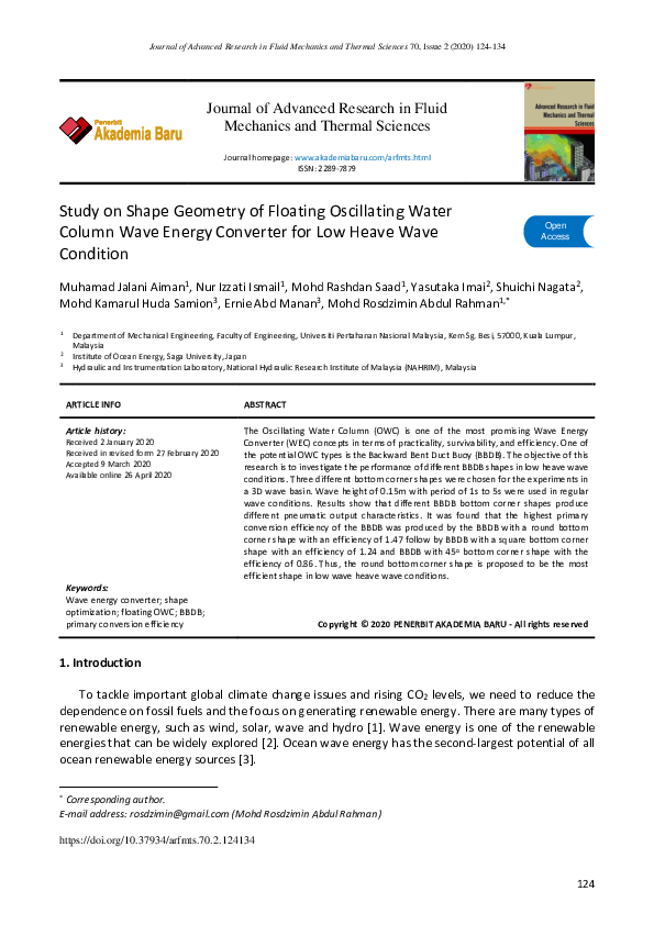 (PDF) Study on Shape Geometry of Floating Oscillating Water Column Wave Energy Converter for Low ...