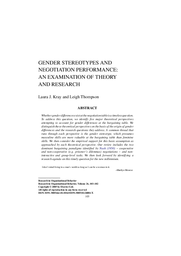 (PDF) Gender Stereotypes and Negotiation Performance: An Examination of Theory and Research