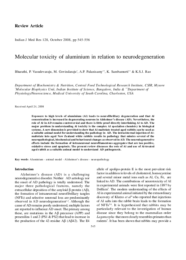 (PDF) Molecular toxicity of aluminium in relation to neurodegeneration