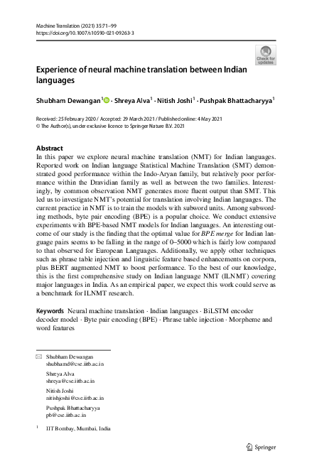 (PDF) Experience of neural machine translation between Indian languages