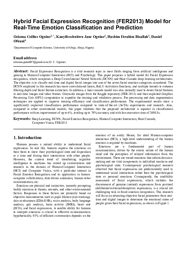 Pdf Hybrid Facial Expression Recognition Fer2013 Model For Real Time Emotion Classification
