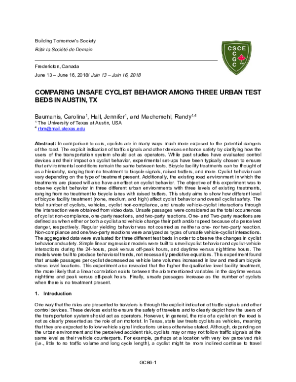 (PDF) Comparing Unsafe Cyclist Behavior Among Three Urban Test Beds in ...