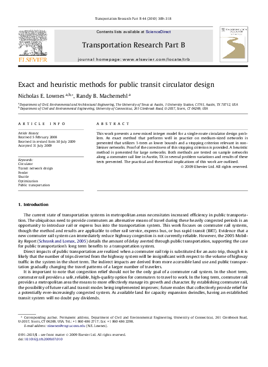 (PDF) Exact and heuristic methods for public transit circulator design