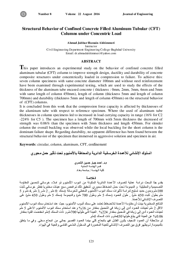 (PDF) Structural Behavior of Confined Concrete Filled Aluminum Tubular ...