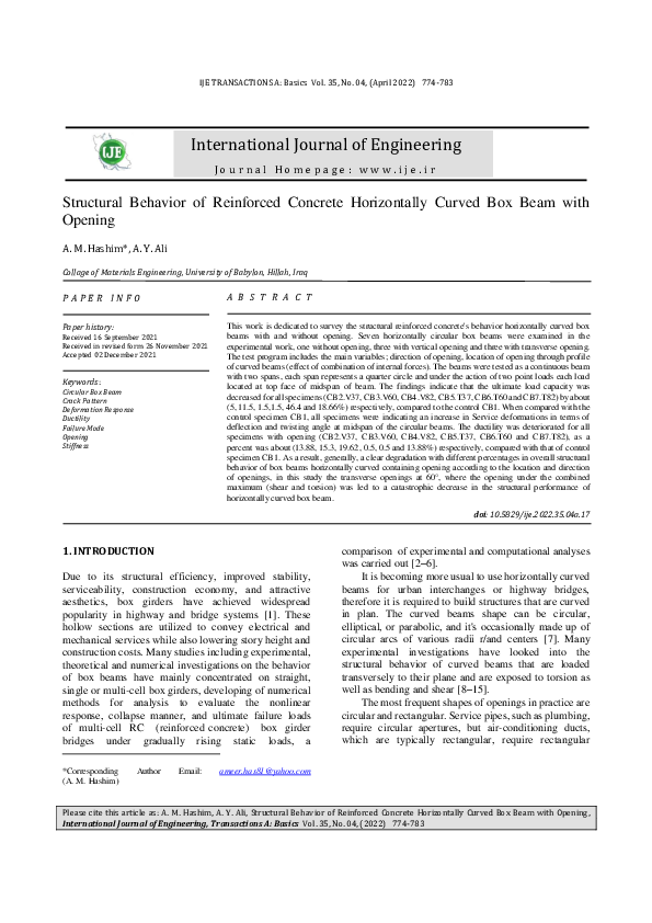 (PDF) Structural Behavior of Reinforced Concrete Horizontally Curved Box Beam with Opening