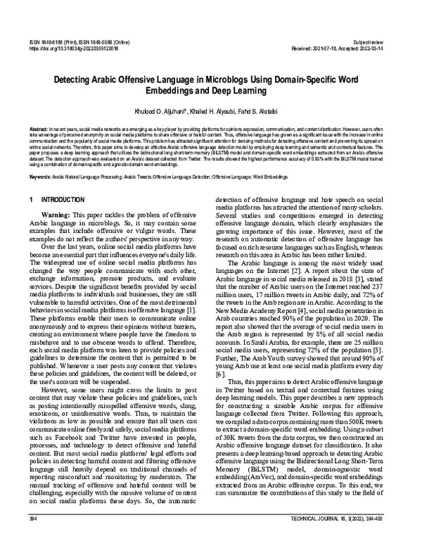 (PDF) Detecting Arabic Offensive Language in Microblogs Using Domain-Specific Word Embeddings ...