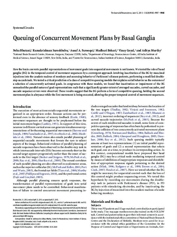 (PDF) Queuing of Concurrent Movement Plans by Basal Ganglia