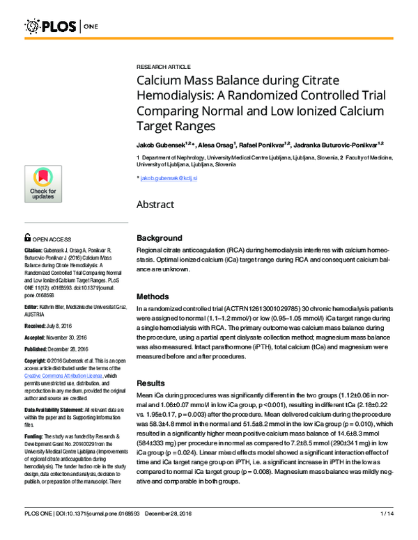 (PDF) Calcium Mass Balance during Citrate Hemodialysis: A Randomized ...