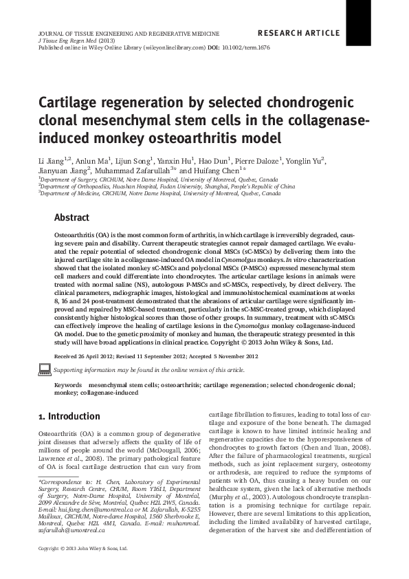 (PDF) Cartilage regeneration by selected chondrogenic clonal ...