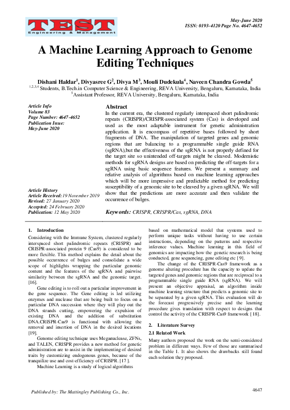 (PDF) A Machine Learning Approach to Genome Editing Techniques