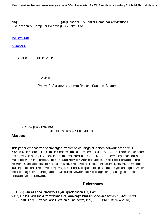Pdf Comparative Performance Analysis Of Aodv Parameter For Zigbee