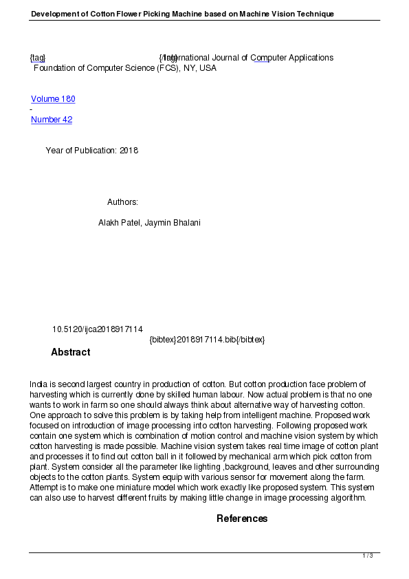 (PDF) Development of Cotton Flower Picking Machine based on Machine Vision Technique