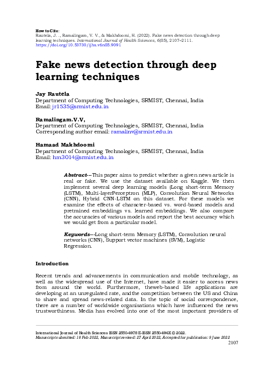 (PDF) Fake news detection through deep learning techniques