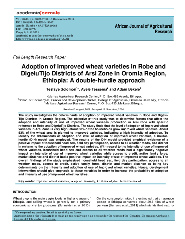 (PDF) Adoption of improved wheat varieties in Robe and DigeluTijo ...