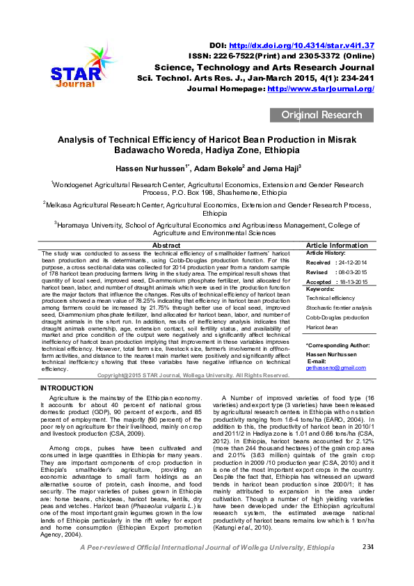 (PDF) Analysis of Technical Efficiency of Haricot Bean Production in ...