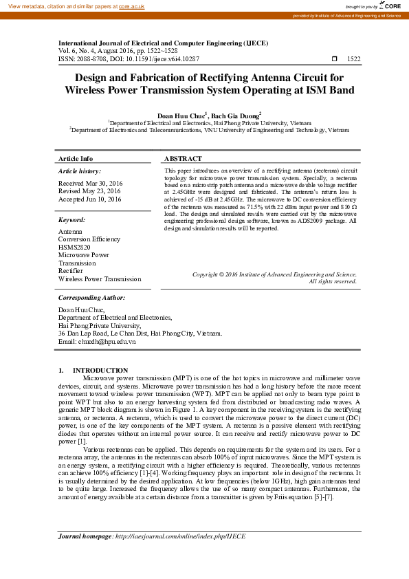 (PDF) Design and Fabrication of Rectifying Antenna Circuit for Wireless Power Transmission ...