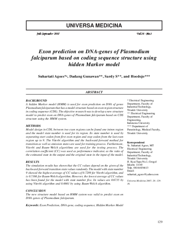 Pdf Exon Prediction On Dna Genes Of Plasmodium Falciparum Based On Coding Sequence Structure 7107