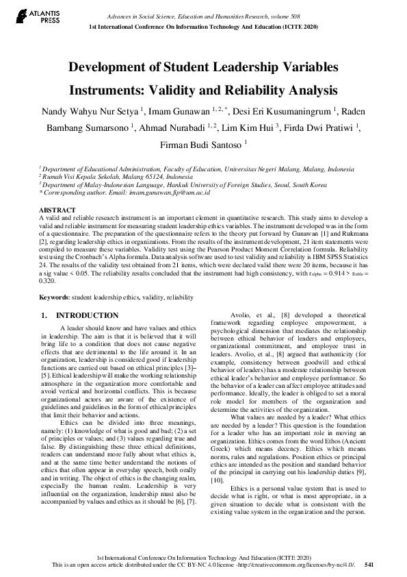 (PDF) Development of Student Leadership Variables Instruments: Validity and Reliability Analysis
