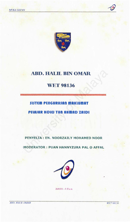 (PDF) Sistem pengurusan maklumat pelajar Kolej Tun Ahmad Zaidi / Abd ...