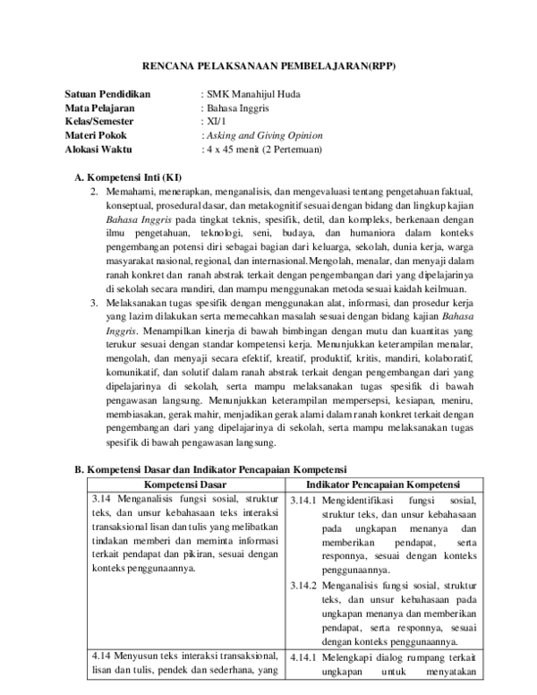 (PDF) RENCANA PELAKSANAAN PEMBELAJARAN (RPP) ASKING AND GIVING OPINION