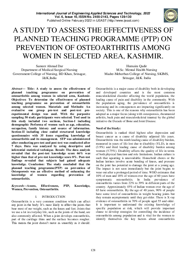 (PDF) A Study to Assess the Effectiveness of Planned Teaching Programme (PTP) on Prevention of ...