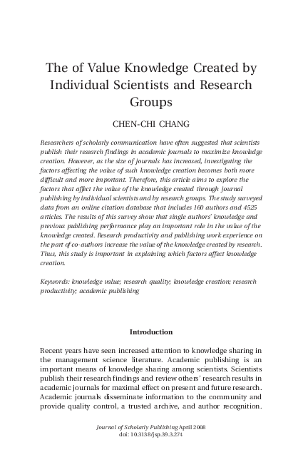 (PDF) The Value of Knowledge Created by Individual Scientist and ...