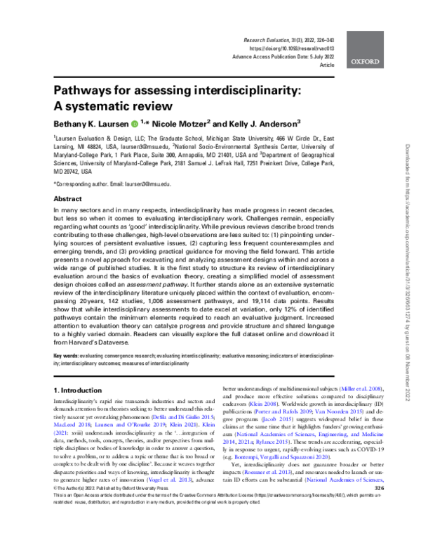 (PDF) Pathways for assessing interdisciplinarity: A systematic review