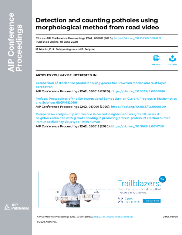 (PDF) Detection and counting potholes using morphological method from road video