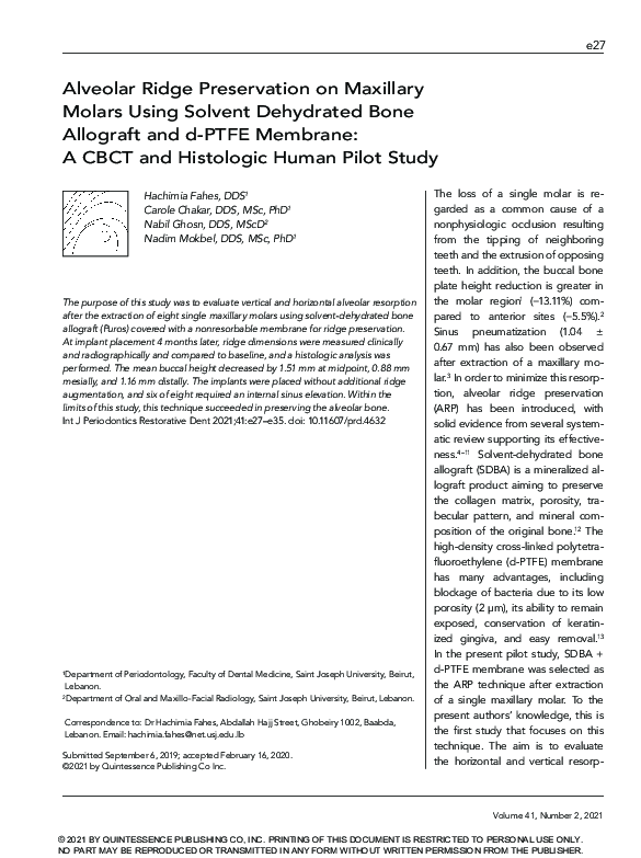 Pdf Alveolar Ridge Preservation On Maxillary Molars Using Solvent Dehydrated Bone Allograft