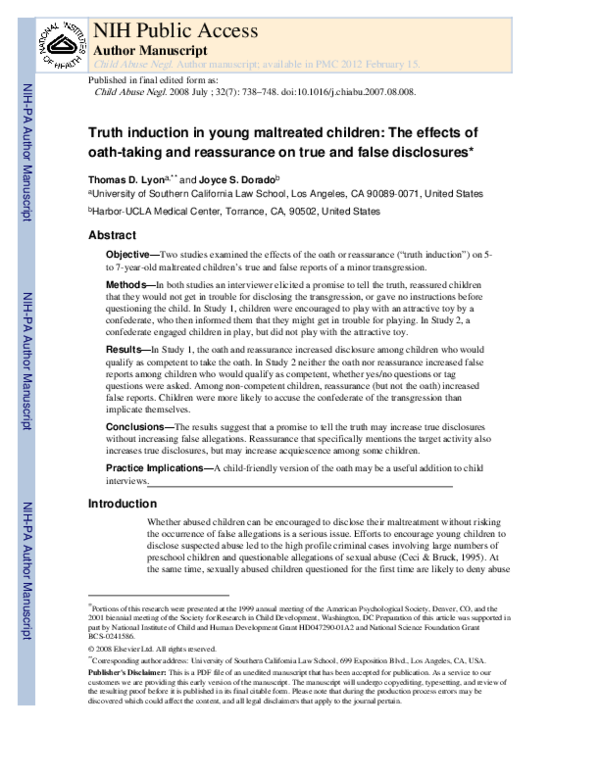 (PDF) Truth induction in young maltreated children: The effects of oath ...