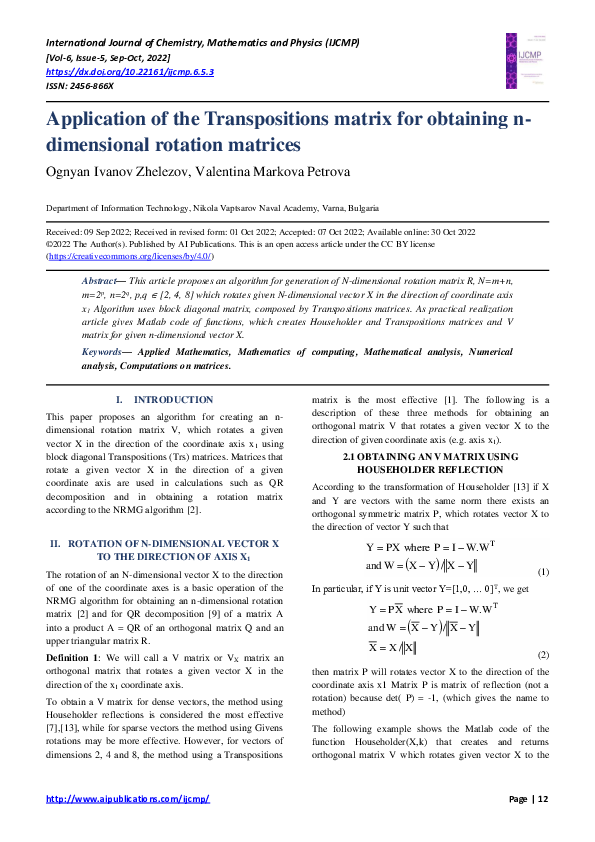 (PDF) Application of the Transpositions matrix for obtaining ndimensional rotation matrices