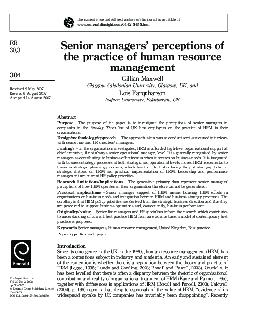 (PDF) Senior managers' perceptions of the practice of human resource management
