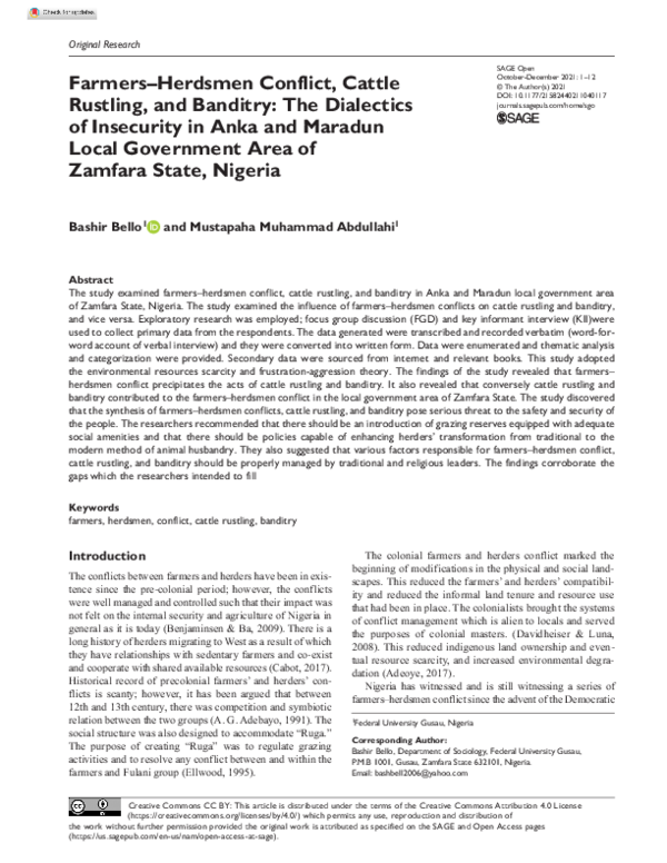 (PDF) Farmers–Herdsmen Conflict, Cattle Rustling, and Banditry: The Dialectics of Insecurity in ...