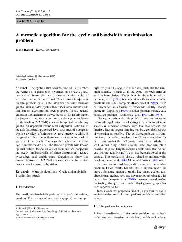 (PDF) A memetic algorithm for the cyclic antibandwidth maximization problem