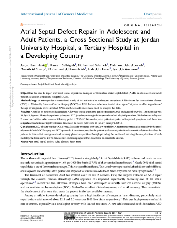(PDF) Atrial Septal Defect Repair in Adolescent and Adult Patients, a Cross Sectional Study at ...