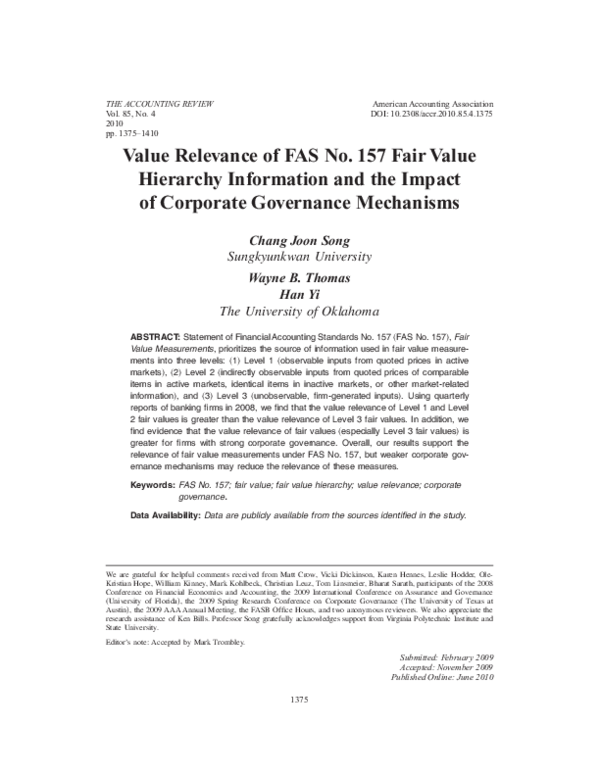 (PDF) Value Relevance of FAS No. 157 Fair Value Hierarchy Information and the Impact of ...