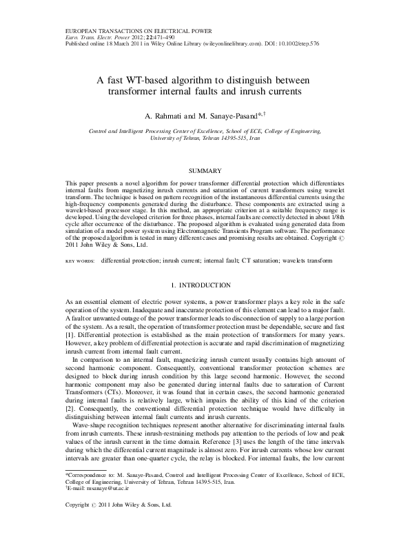 A Fast Wt Based Algorithm To Distinguish Between Transformer Internal Faults And Inrush Currents