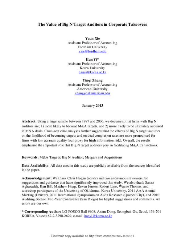 (PDF) The Value of Big N Target Auditors in Corporate Takeovers