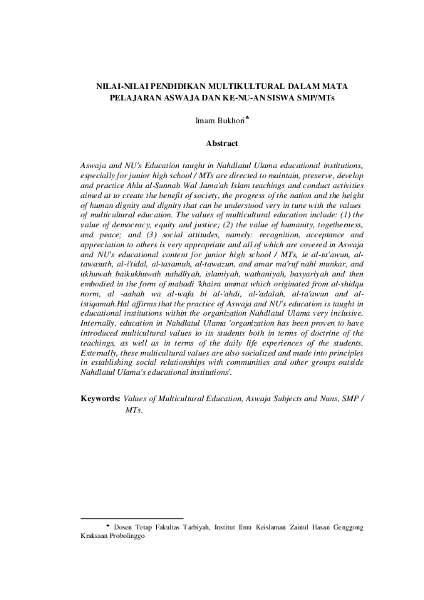 (PDF) Nilai-Nilai Pendidikan Multikultural dalam Mata Pelajaran Aswaja dan ke-NU-an Siswa SMP/MTs