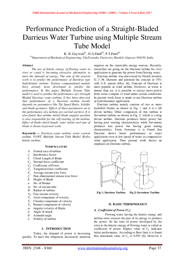(PDF) Performance Prediction of a Straight-Bladed Darrieus Water ...