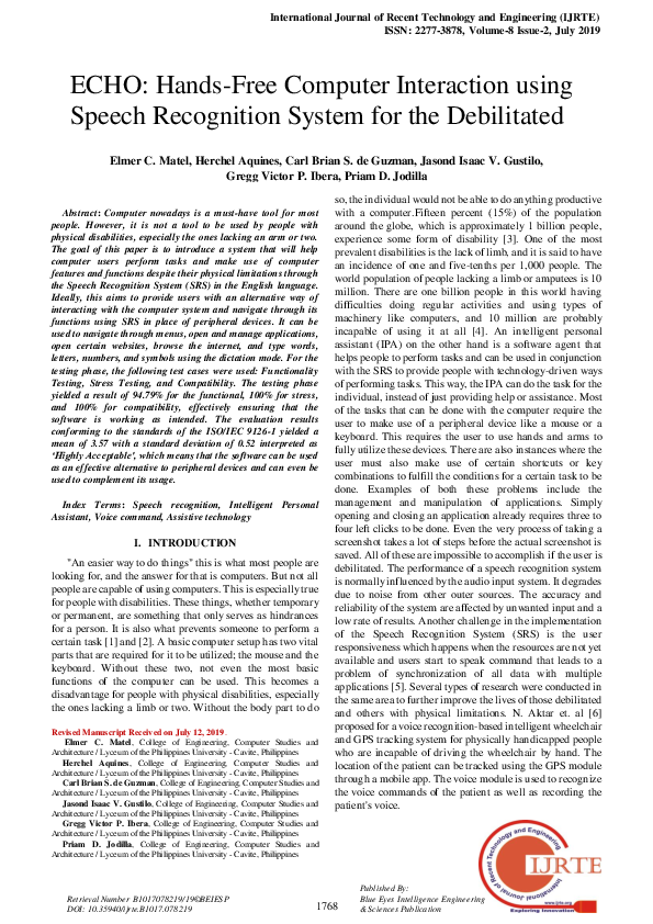 (PDF) ECHO: Hands-Free Computer Interaction using Speech Recognition System for the Debilitated