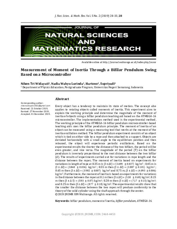 (PDF) Measurement of Moment of Inertia Through a Bifilar Pendulum Swing Based on a Microcontroller